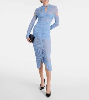 MUGLER Draped Cutout Mesh Midi Dress