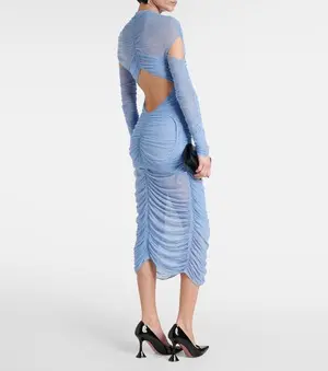 MUGLER Draped Cutout Mesh Midi Dress