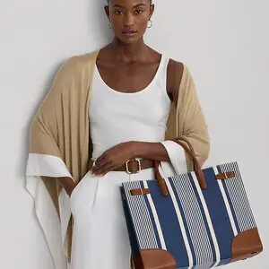 Ralph Lauren Striped Canvas Large Devyn Tote - Atlantic Stripe/indigo