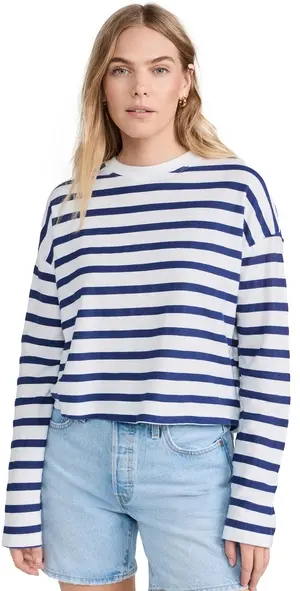 ASKK NY Printed Cropped Long Sleeve Top - Thin Navy Stripe
