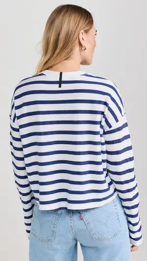 ASKK NY Printed Cropped Long Sleeve Top - Thin Navy Stripe