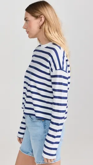 ASKK NY Printed Cropped Long Sleeve Top - Thin Navy Stripe