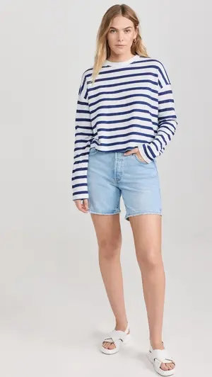 ASKK NY Printed Cropped Long Sleeve Top - Thin Navy Stripe