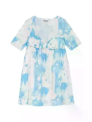 GANNI Graphic-print Satin Mini Dress - Blue