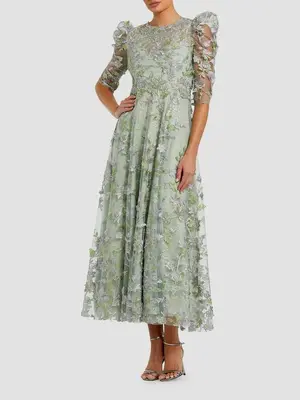 Mac Duggal Floral Appliqué Puff-sleeve Maxi Dress - Sage