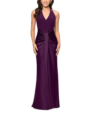 Aqua Halter Mixed Media Gown - Plum