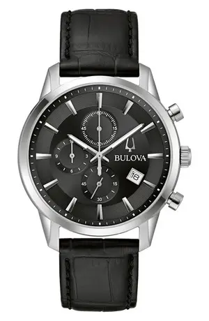 Bulova Sutton Leather Strap Chronograph Watch - Silverone