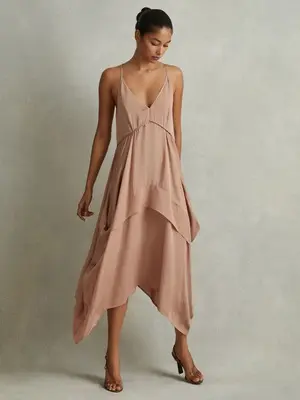 REISS Demi Viscose Asymmetric Midi Dress