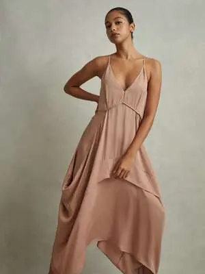 REISS Demi Viscose Asymmetric Midi Dress