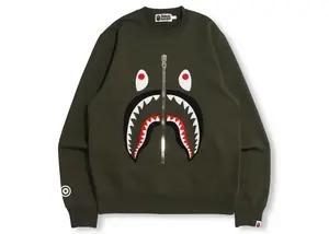 A BATHING APE Patched Shark Crewneck Sweatshirt Olivedrab
