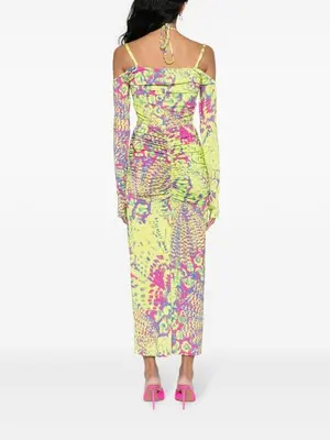 Versace Abstract-print Off-shoulder Midi Dress