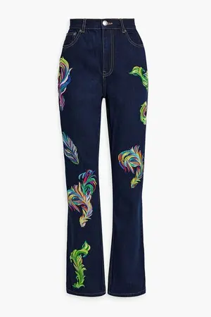 AREA Embroidered Cutout Highrise Straightleg Jeans - Dark Denim