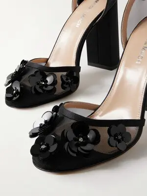 Mach & Mach Satin-trimmed Embellished Mesh Pumps