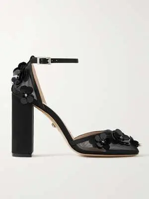Mach & Mach Satin-trimmed Embellished Mesh Pumps