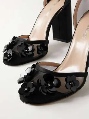 Mach & Mach Satin-trimmed Embellished Mesh Pumps