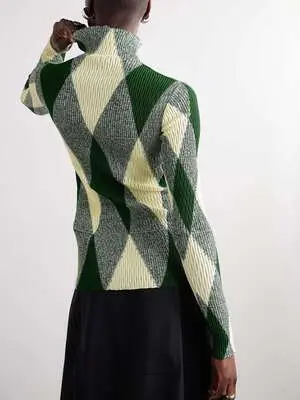 Burberry Checked Intarsia Cotton And Silk-blend Turtleneck Sweater
