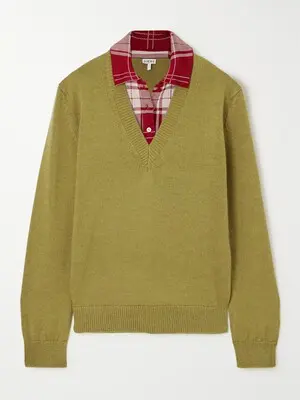 Loewe Paneled Checked Silk Blend-trimmed Knitted Sweater