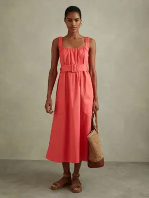 REISS Liza Cotton Ruched Strap Belted Midi Dress - Coral