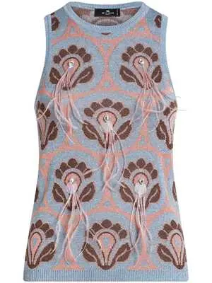 Etro Feather-embellished Jacquard Top - Blue