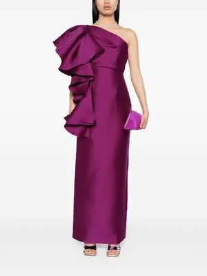 barneys evening dresses Petite Blue Long Sleeve Satin Structured Bow Draped Column Gown