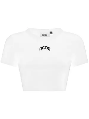 Gcds Logo-embroidered Cropped T-shirt - White