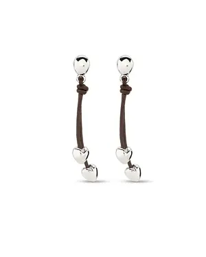 UNODE50 Leather Drop Earrings With Two Small Hearts - Silver