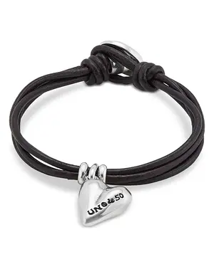 UNODE50 Leather Heart Charm Bracelet - Silver