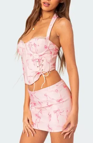EDIKTED Makayla Printed Lace-up Halter Top