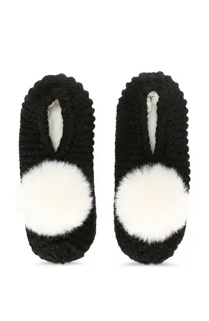 MEMOI MeMoi Faux Fur Pompom Slipper Socks Black