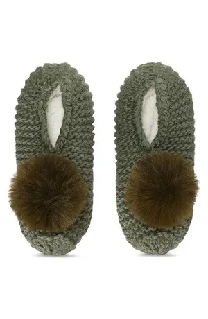 MEMOI Faux Fur Pompom Slipper Socks - Moss Green