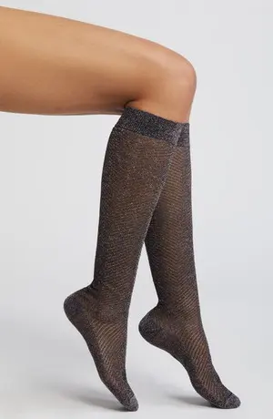 HIGH HEEL JUNGLE Herringbone Metallic Knee High Socks - Gunmetal