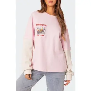 EDIKTED Racing Oversized Mixed Media Long Sleeve Graphic T-shirt