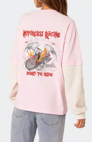 EDIKTED Racing Oversized Mixed Media Long Sleeve Graphic T-shirt