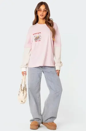 EDIKTED Racing Oversized Mixed Media Long Sleeve Graphic T-shirt
