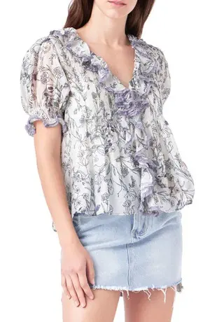 English Factory Floral Print Ruffle Top