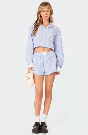 EDIKTED Lea Stripe Crop Button-up Shirt - Light-blue
