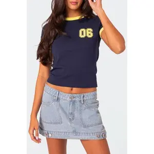 EDIKTED Kassidy Contrast Graphic Ringer T-shirt - Navy