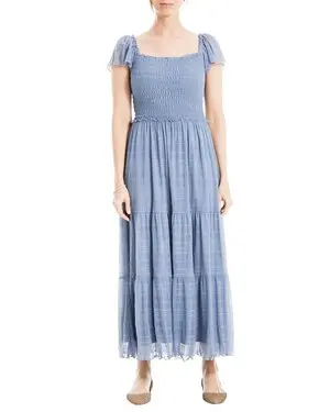 Max Studio Max Studio Mesh Flutter Sleeve Smocked Midi Dress - Nocolor