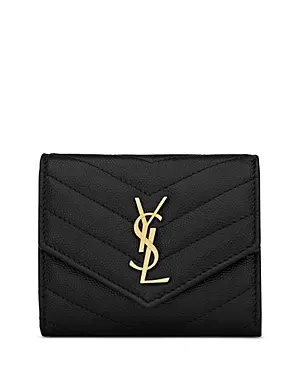 Saint Laurent Cassandre Matelassa Multi-folded Wallet In Grain De Poudre Embossed Leather Black/gold