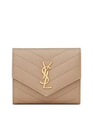 Saint Laurent Cassandre Matelassa Multi-folded Wallet In Grain De Poudre Embossed Leather Dark Beige