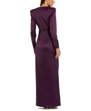 Mac Duggal Long Sleeve Draped Bow Gown - Eggplant