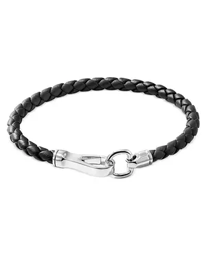 John Hardy Silver Woven Leather Hook Clasp Bracelet - Black/silver
