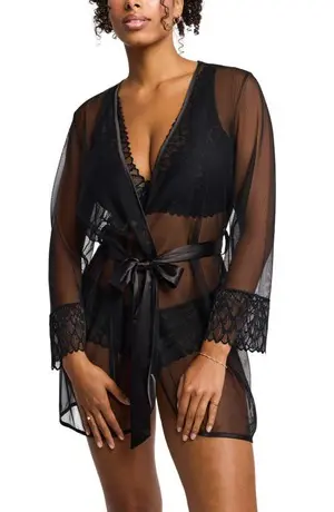 MONTELLE INTIMATES Lacy Lace Trim Mesh Robe - Black