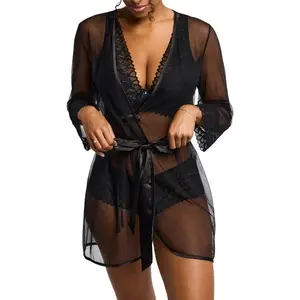 MONTELLE INTIMATES Lacy Lace Trim Mesh Robe - Black