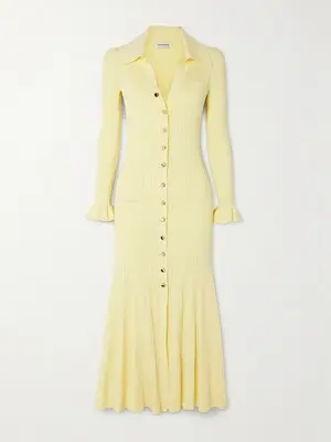 SELF-PORTRAIT Button-embellished Ribbed-knit Midi Dress - Yellow