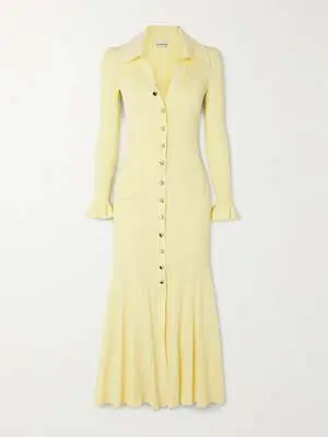 SELF-PORTRAIT Button-embellished Ribbed-knit Midi Dress - Yellow