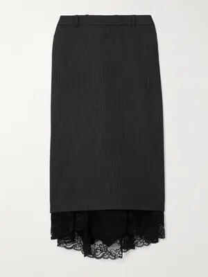 Balenciaga Pinstriped Wool Midi Skirt With Lace Trim