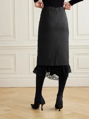 Balenciaga Pinstriped Wool Midi Skirt With Lace Trim