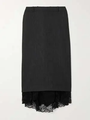 Balenciaga Pinstriped Wool Midi Skirt With Lace Trim