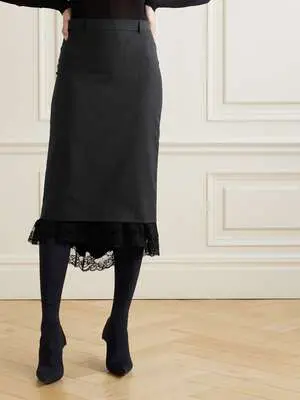 Balenciaga Pinstriped Wool Midi Skirt With Lace Trim